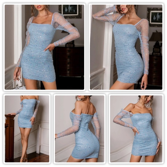 Double Crazy | Dresses | Double Crazy Blue Contrast Sequin Square Neck ...